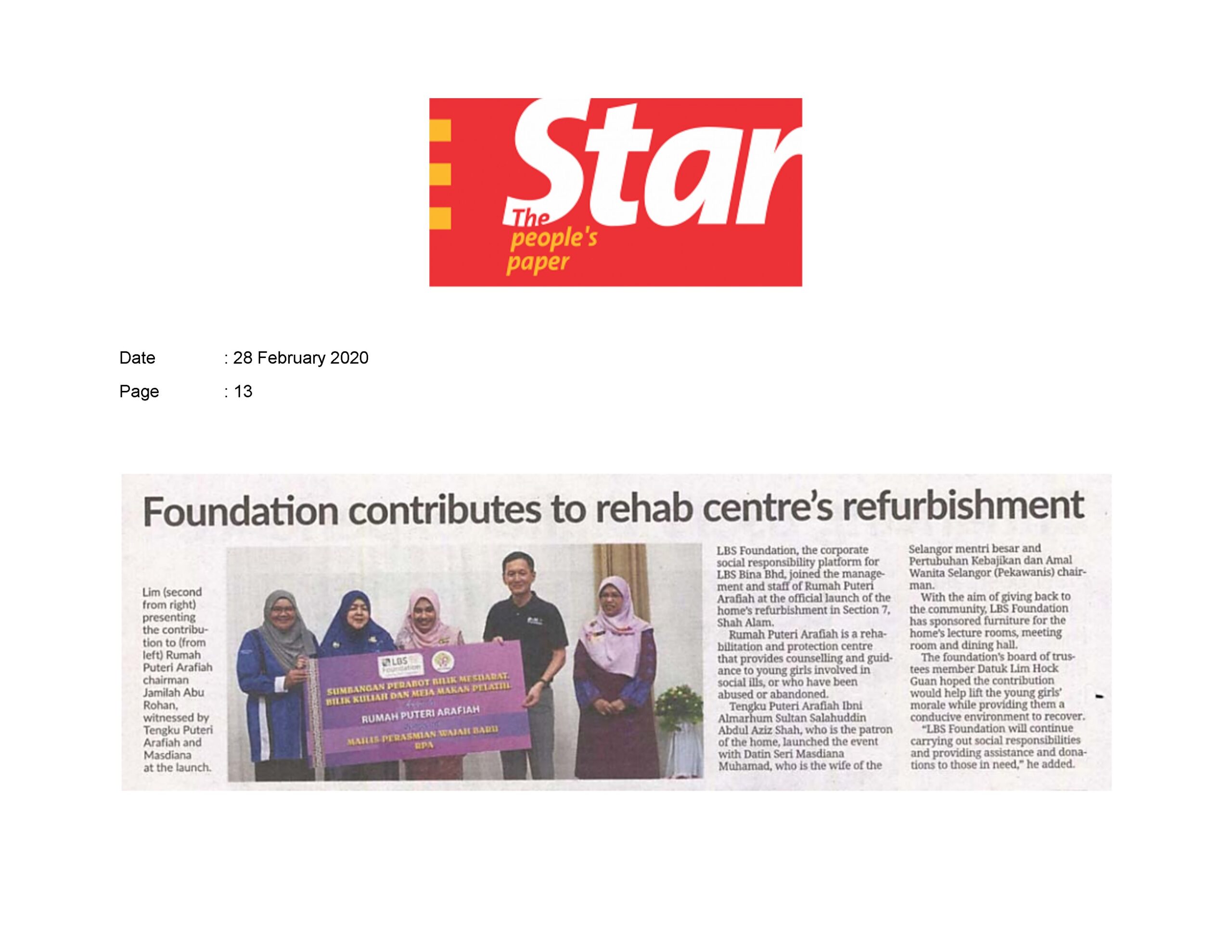 2020.02.28 The Star - Foundation contributes to rehab centre‘s ...